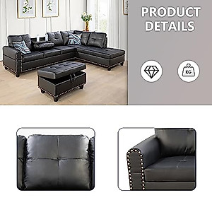 GEBADOL Living Room Furniture Sets,Small Leather Sectional Sofa,L Shaped Couch with Cup Holder and Ottoman(Right-Facing,Black Leather Sofa)