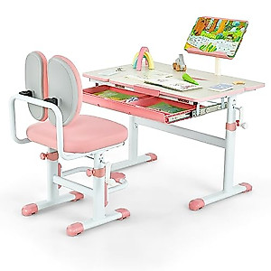 Costzon Kids Desk and Chair Set, Height-Adjustable Student Study Desk with Tiltable Desktop, Book Stand, Ergonomic Chair with Footrest, Writing Table & Chair Set for Boys Girls (Pink)