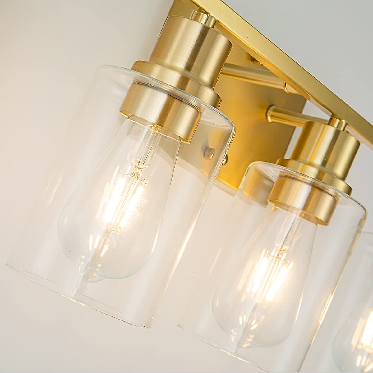 EMONG Gold Bathroom Light Fixtures, 3-Lights Vanity Light with Clear Glass Shade, Brushed Brass Wall Sconce for Hallway, Farmhouse, Living Room