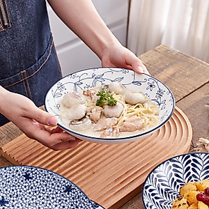 Swuut Ceramic Salad Bowls,Blue and White Pasta Bowls Set of 6,8 inch Floral Dinner Shallow Bowl (8 inch x 6pcs)