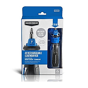 HAMMERHEAD 4V Lithium Rechargeable Screwdriver with Patented Circuit Sensor and 9-Piece Bit Kit with Innovative Bit Grip