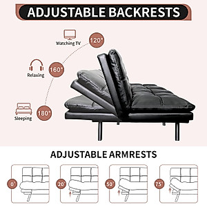 MUUEGM Futon Sofa Bed Convertible Memory Foam Sleeper Couch,Modern Faux Leather Loveseat for Living Room,Small Compact Space,Dorm,Office,Adjustable Armrests Backrest Sofabed, Black