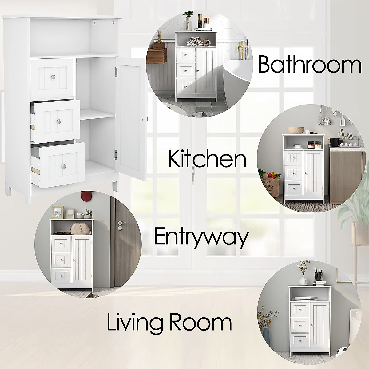 OQSC 39.4 Tall White Bathroom Floor Cabinet Freestanding Storage Cabinet Side Storage Organizer with 3 Drawers&1 Cupboard&1 Shelf for Bathroom Living Room Entryway