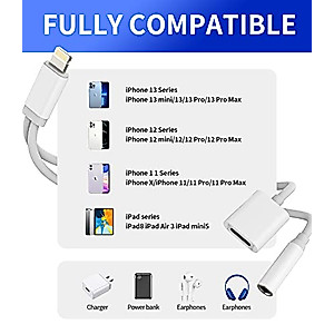 Iphone AUX Adapter for Headphone Jack Cable Dongle 2in1 Lightning to 3.5mm Splitter Charge Cord Apple MFI Certified Music Earphone Charging Converter for 7 8 Plus 11 12 13 Pro Max Audio Adaptador Para