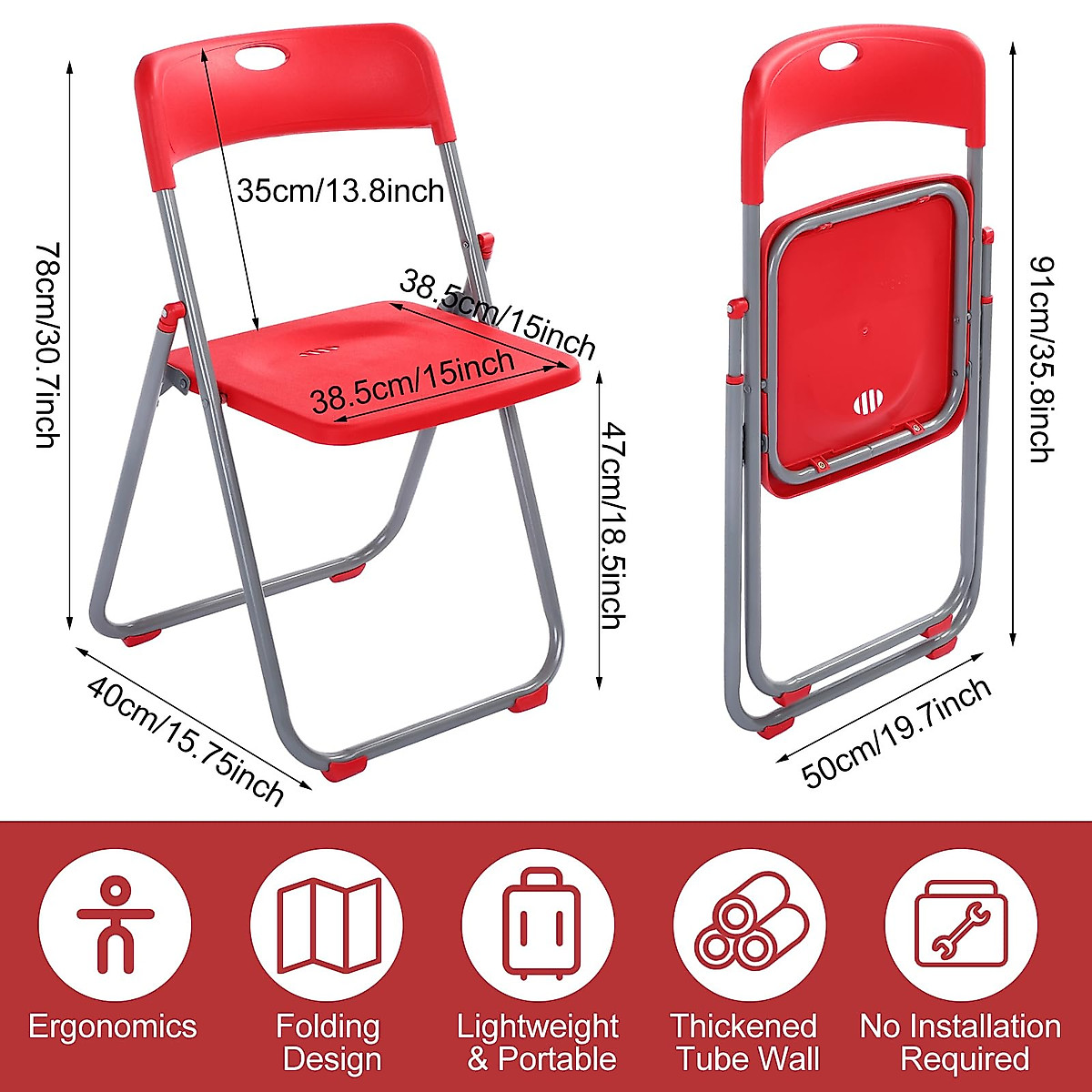 8 Pack Folding Plastic Chairs Pack Steel Folding Dining Chairs Folding Chairs Bulk Fold Up Event Chairs Portable Plastic Chairs with Steel Frame 440lb for Events Office Wedding Indoor Outdoor (Red)