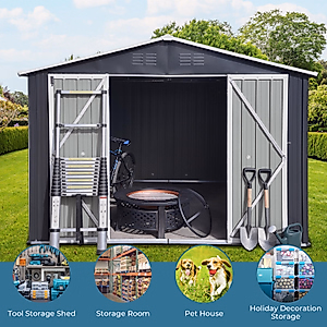Zevemomo 10X8 FT Outdoor Storage Shed, All Weather Tool Shed with Metal Foundation & 2 Lockable Doors, Metal Sheds Outdoor Storage for Garden, Patio, Backyard, Lawn, Black