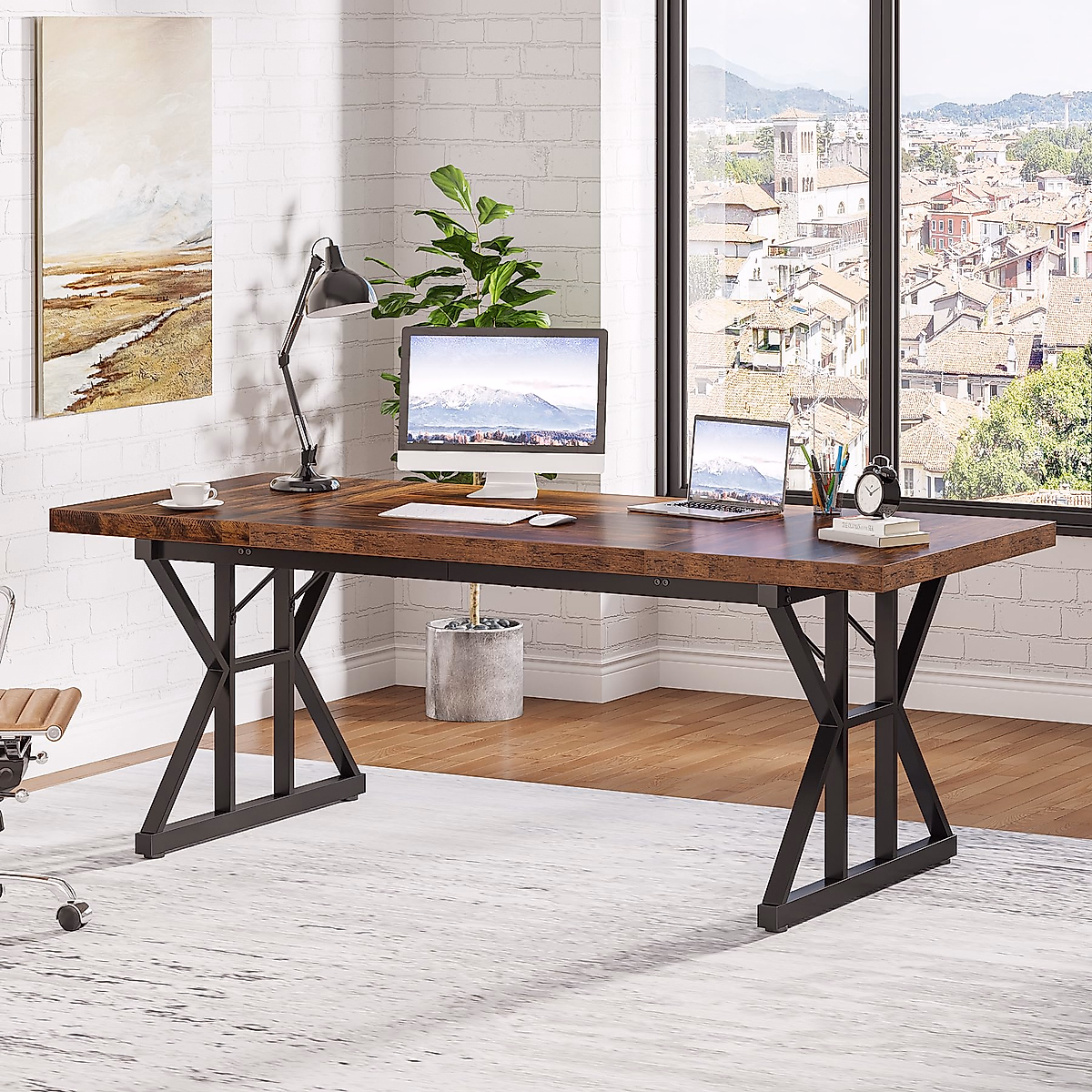 Tribesigns 70.8-Inch Executive Desk, Large Computer Office Desk Workstation, Modern Simple Style Laptop Desk Study Writing Table Business Furniture for Home Office (Brown/Black, 70.8 Inch)