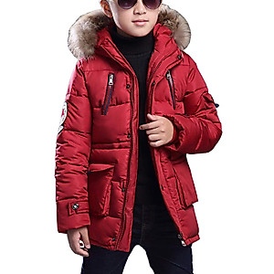 FARVALUE Boy Winter Coat Warm Quilted Puffer Water Resistant Parka Jacket with Detachable Fur Hood for Big Boys Red 6-7