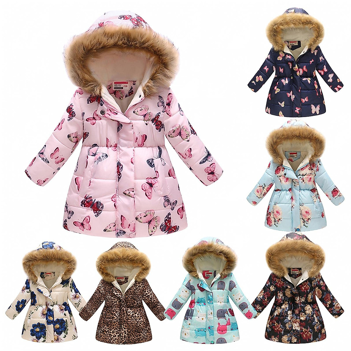 Dreamyth Girl's Floral Print Winter Coats Fleece Lined Hood Jacket Parkas Outwear Thick Warm Windproof Jackets Coat 2-10 Years