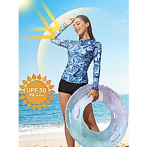 ATTRACO Rash Guard for Women Long Sleeve Swim Shirt Y2K Skiny UV Swimsuit Top UPF 50+ Blue L
