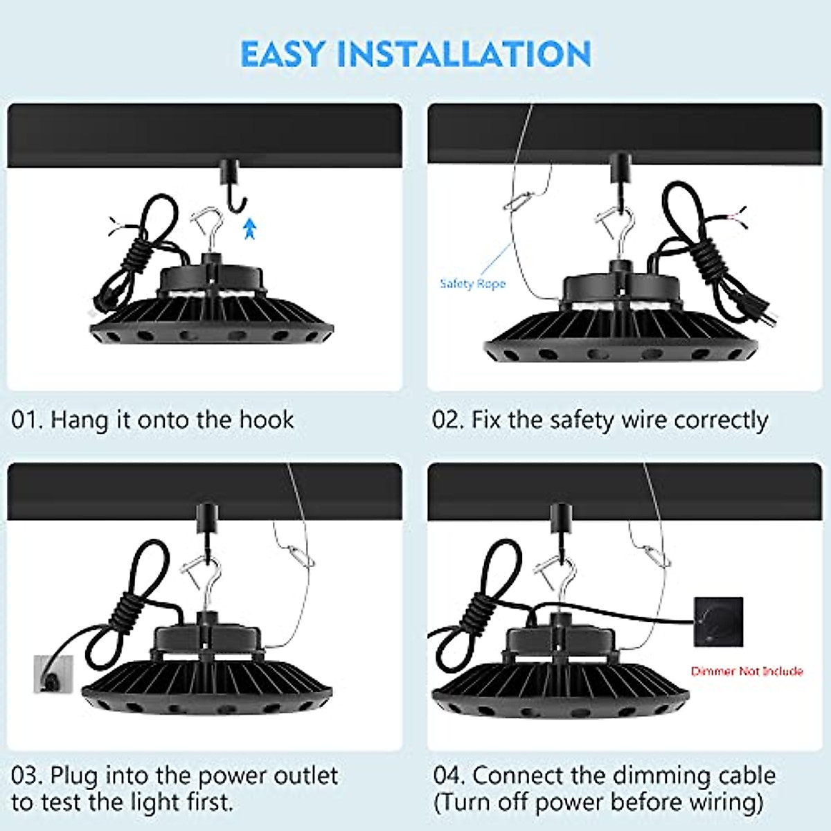 300W UFO LED High Bay Light 42000lm (Eqv.1250W MH/HPS), 5000K Daylight, 0-10V Dimmable, IP65 Waterproof, US Plug with 5ft UL Cable Commercial Lighting Fixture for Warehouse Workshop Factory Area