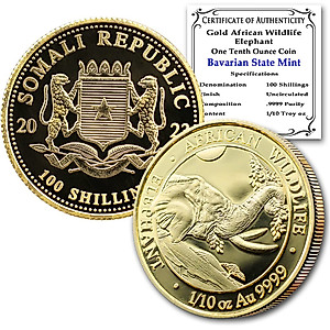 2023 1/10 oz Somalian Gold Elephant - African Wildlife Coin Brilliant Uncirculated 24K 100 Shillings BU