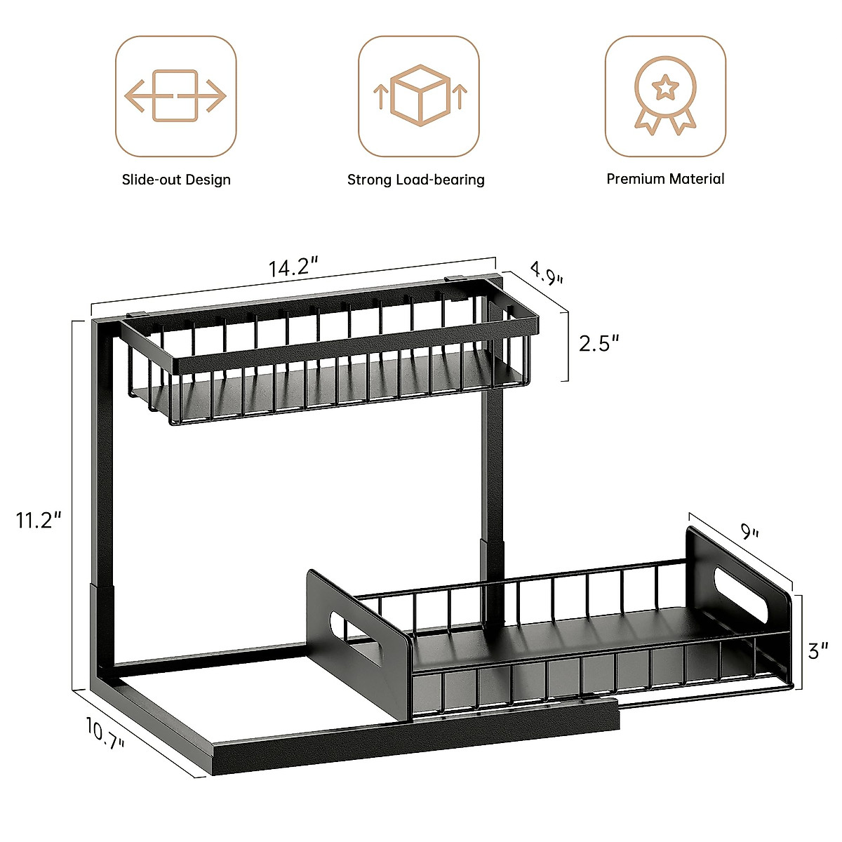 VUSIGN Under Sink Organizer and Storage 2 Pack, Slide Out Cabinet Organizer, Pull Out Sink Shelf for Kitchen Bathroom Laundry, Black