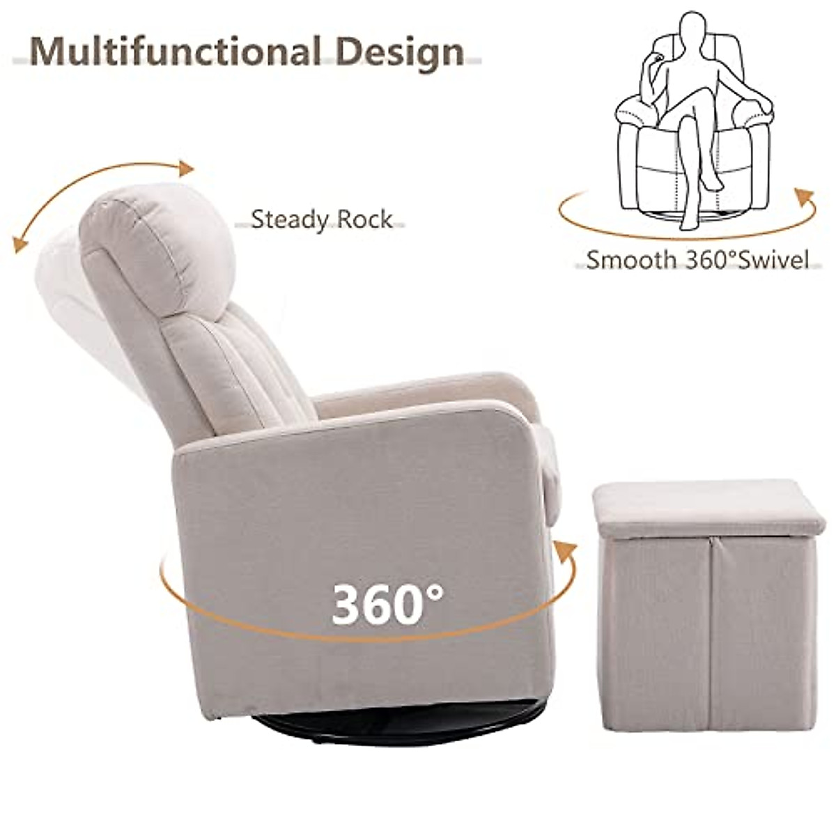 GNIXUU Rocking Chair Nursery, Swivel Glider with Ottoman, Accent Chairs Rocker with Arm for Living Room, Baby Room, Bedroom, Beige