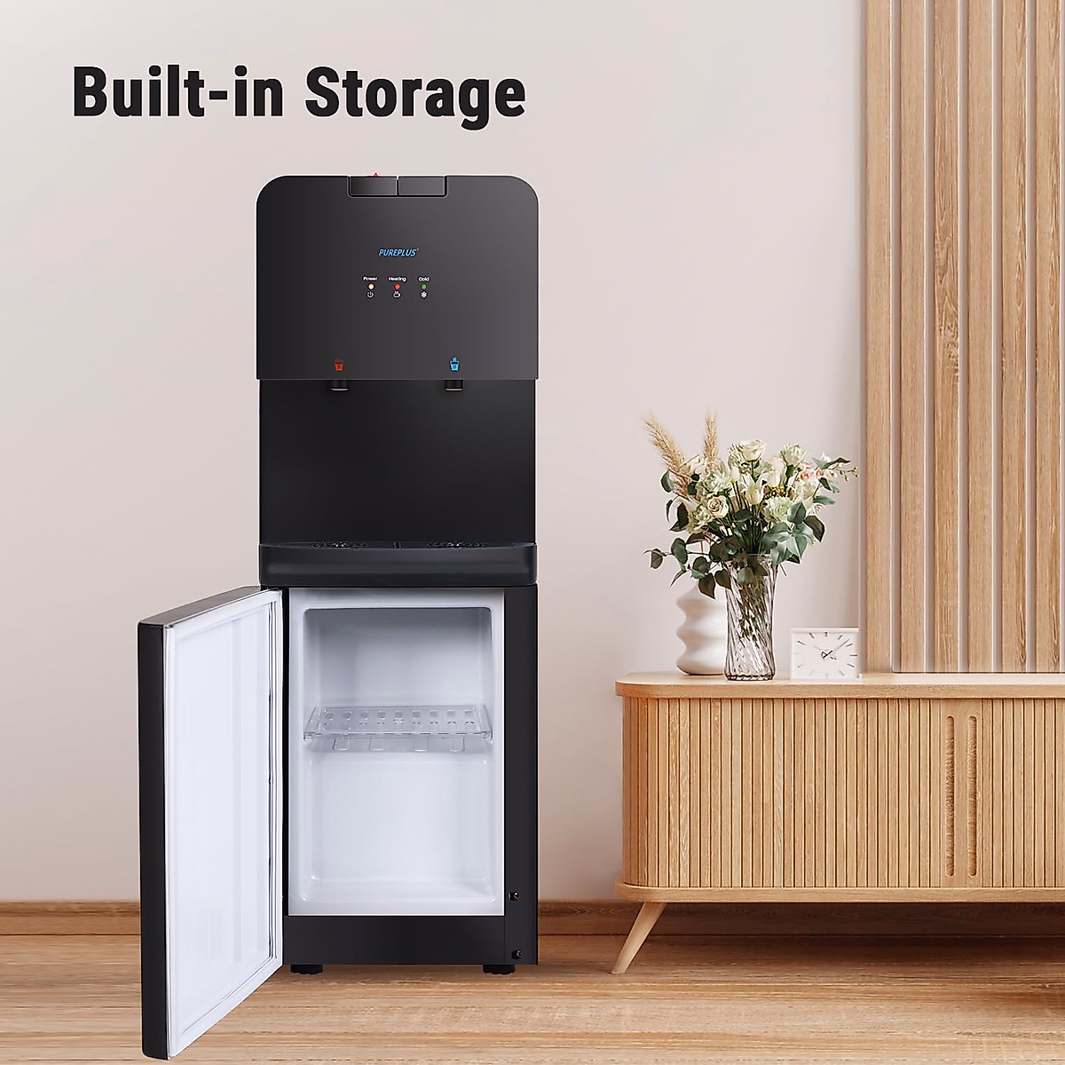 PUREPLUS WATERCOOLER Top Loading Water Dispenser, Hot, Cold & Room Temperature Water, Holds 3 or 5 Gallon Bottles, Child Safety Lock, Compression Refrigeration Technology, Black