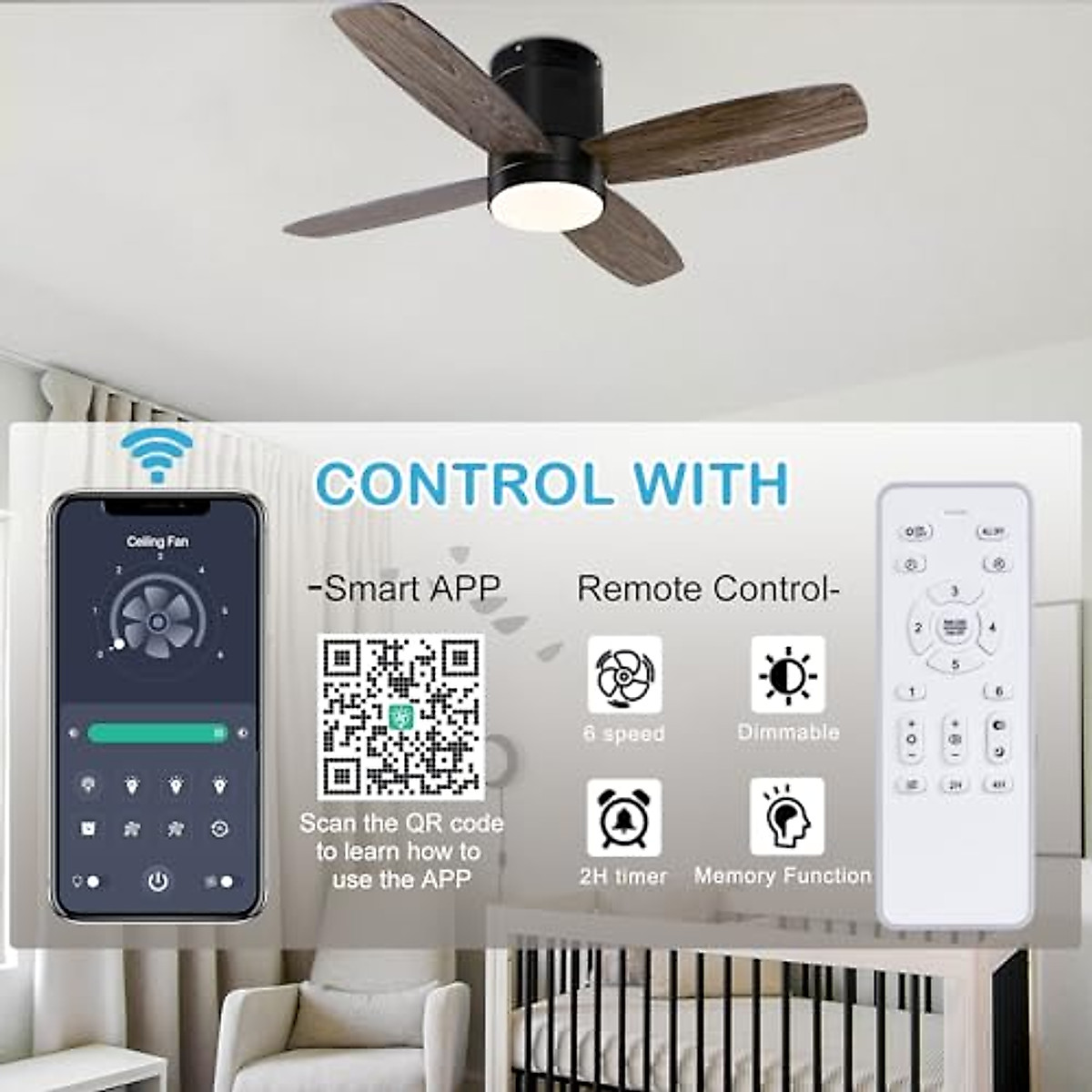 Ohniyou Ceiling Fan with Lights - 38'' Small Flush Mount Ceiling Fans Remote & APP Control - Dimmable Indoor Outdoor Quiet DC Low Profile Ceiling Fan for Patio Kitchen Bedroom(Black)