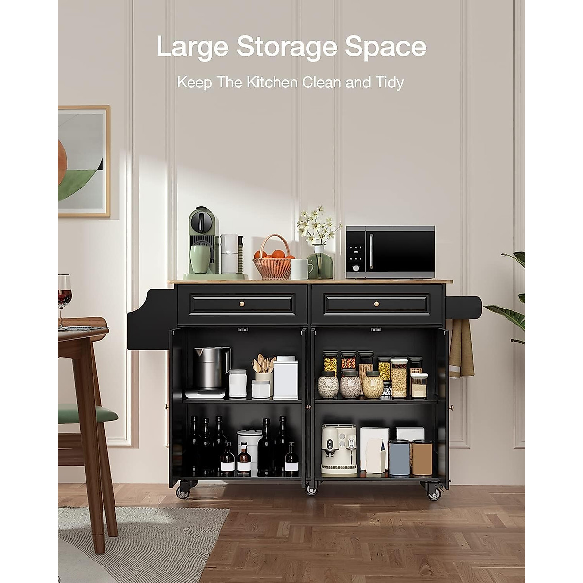 Qsun Kitchen Island with Storage, Kitchen Cart on 5 Universal Wheels, Mobile Kitchen Island with Rubber Wood Top and Side Rack (Black)