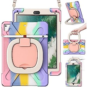 KENOBEE Case for iPad 9.7 6th/5th 2018/2017 / Air 2 / Pro 9.7, 360° Rotating Multi-Functional Handle-Kickstand Shockproof Cover Built-in Screen Protector & Shoulder Strap, Rainbow Pink