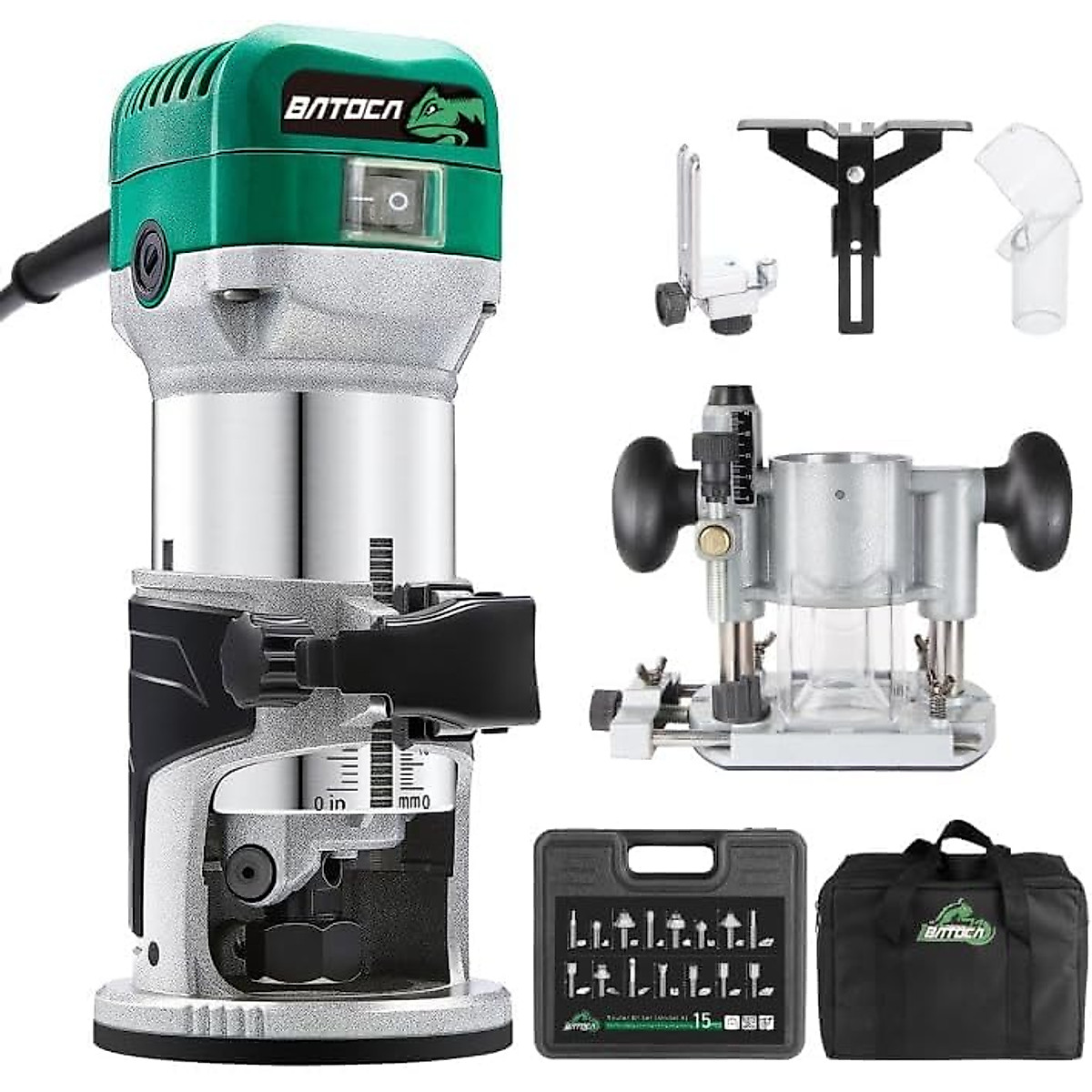 BATOCA Wood Router Kit, 1-1/4 HP Max Torque Router Tool with Fixed Base, Compact Wood Palm Router Tool 6 Variable Speed Wood Trimmer Router Combo Tool for Woodworking, Carving, Trimming, Slotting