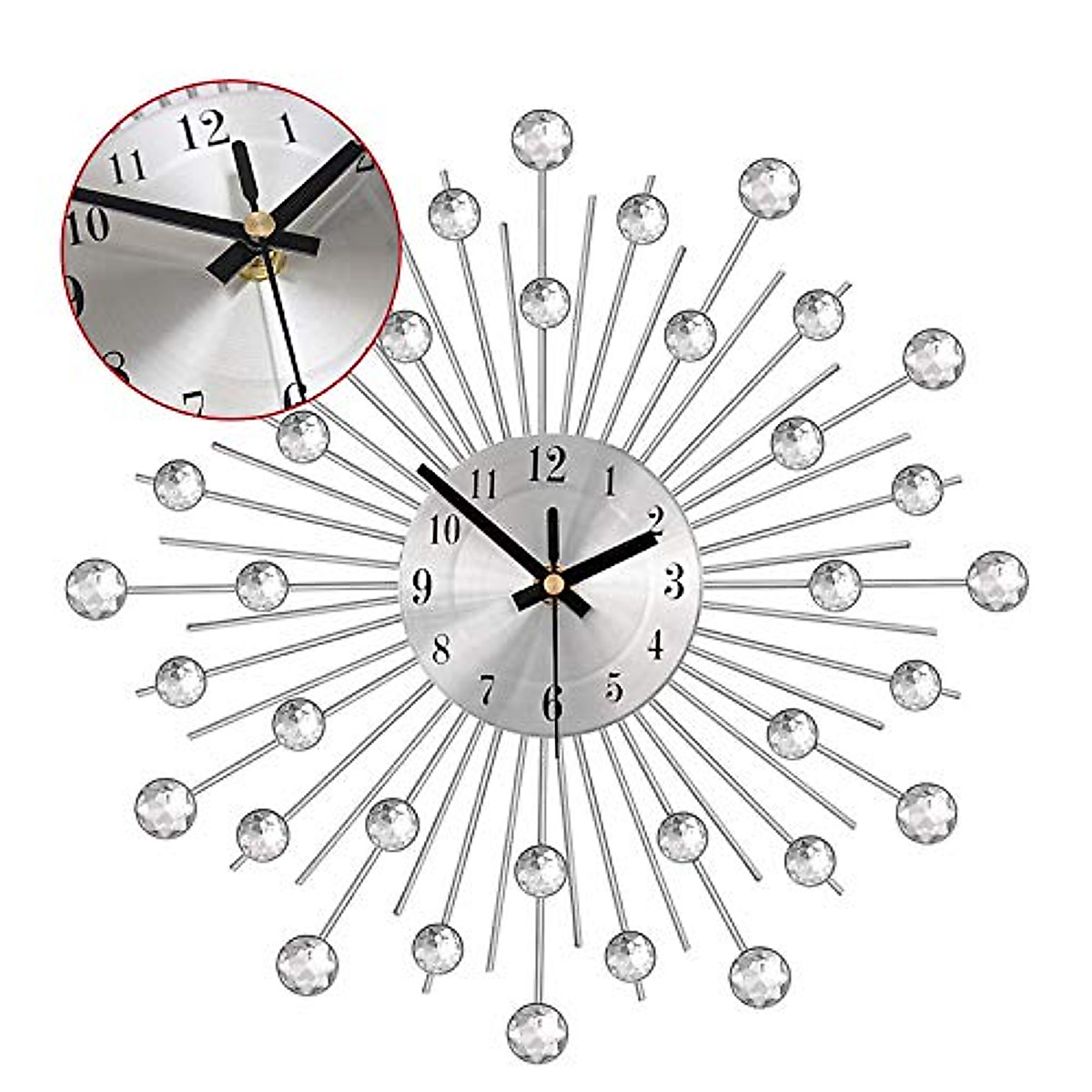 SOOTOP Crystal Wall Clock, Silver Mirror Diamond-Studded Metal Clock Decorative Wall Decor Clock Housewarming Gift for Decoration Bedroom Living Room