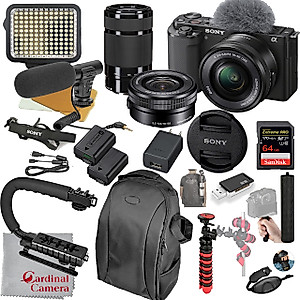 Sony ZV-E10 Mirrorless Camera with 16-50mm and 55-210mm Lenses, Video Bundle + LED Video Light + Microphone + Extreme Speed 64GB Memory(21pc Bundle)