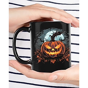ATMTEE Halloween Night With Haunted Tree and Pumpkins Black Mug 11oz, Funny Gifts for Mens, Womens, Kids (11oz, Black)