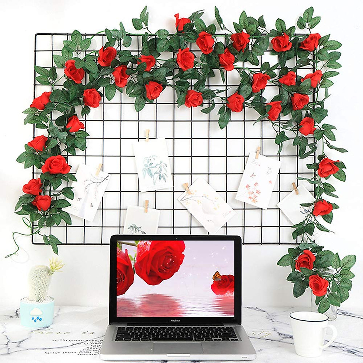 ZWYOQI 16 FT Fake Rose Vine Garland Artificial Flowers Plants Hanging Rose Ivy Home Hotel Office Wedding Party Garden Décor (Red/2PCS)