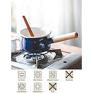 YumCute Home Enamel Milk Pan with Dual Pour Spout Butter Warmer Milk Pot Healthy White Enamel Inside Coating Iron 1QT Enamel Saucepan Small Soup Pot with Wooden Handle Handy Pot (Blue)