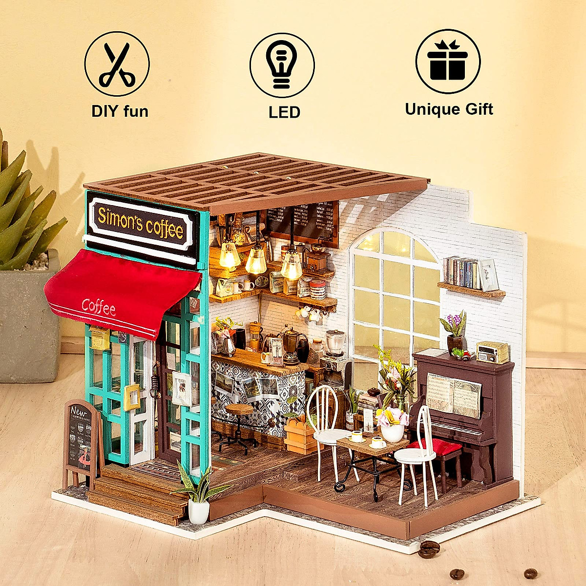 Rolife DIY Miniature Dollhouse Kit Coffee House Wooden Mini House Crafts DIY Model Kits Christmas Birthday Gifts for Boys Girls Women Friends (Simon's Coffee)