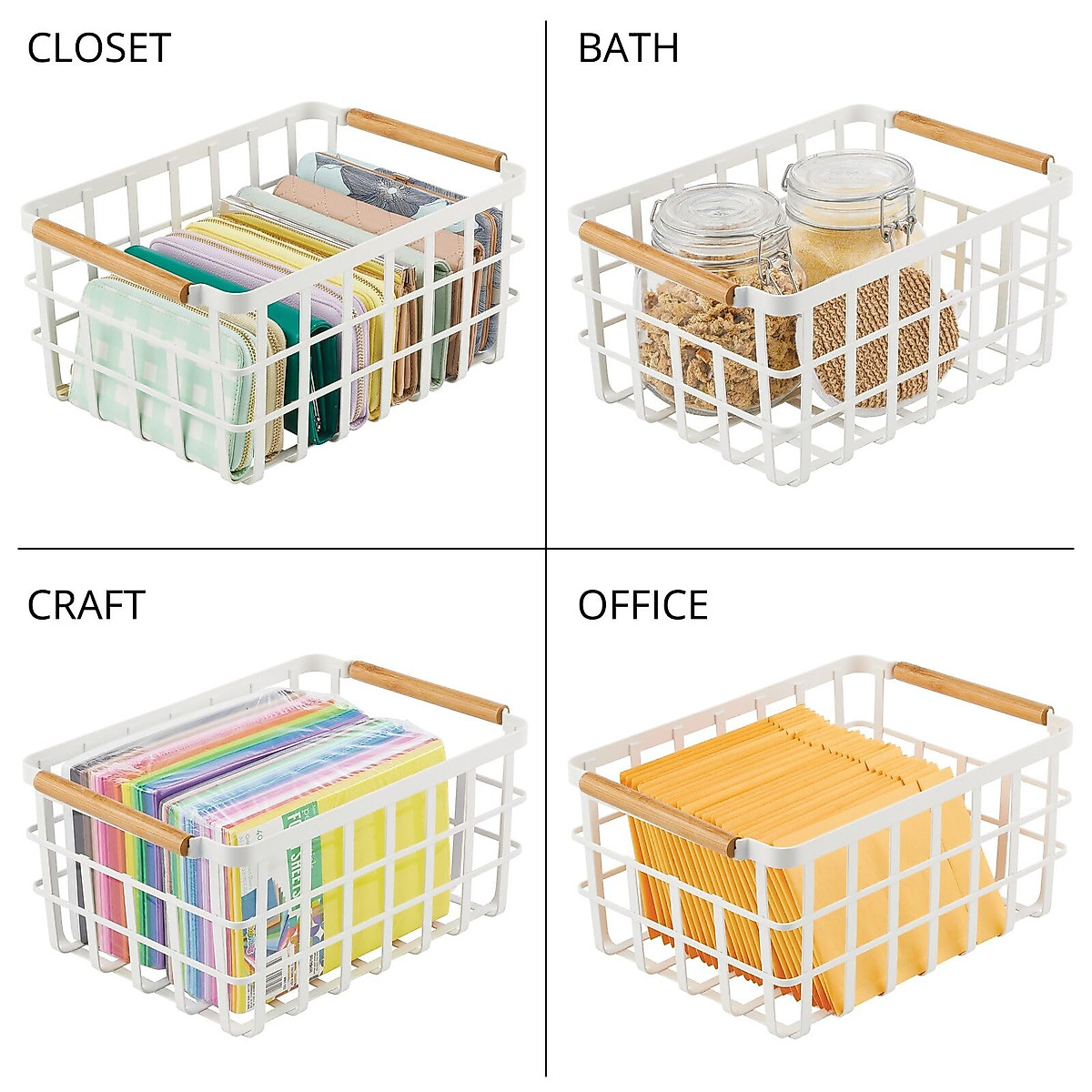 mDesign Metal Wire Food Organizer Storage Bin Basket with Bamboo Handles for Kitchen Cabinets/Pantry Organizing - Farmhouse Decor - Yami Collection - 8 Pack - Matte White/Natural