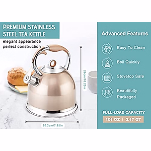Tea Kettle - HIHUOS 3.17QT Whistling Tea Pots for Stove Top - Sleek Stainless Steel Stovetop Kettle, Easy-grip Handle With Trigger Opening Mechanism, 1 Free Silicone Pinch Mitt Included (Champagne)