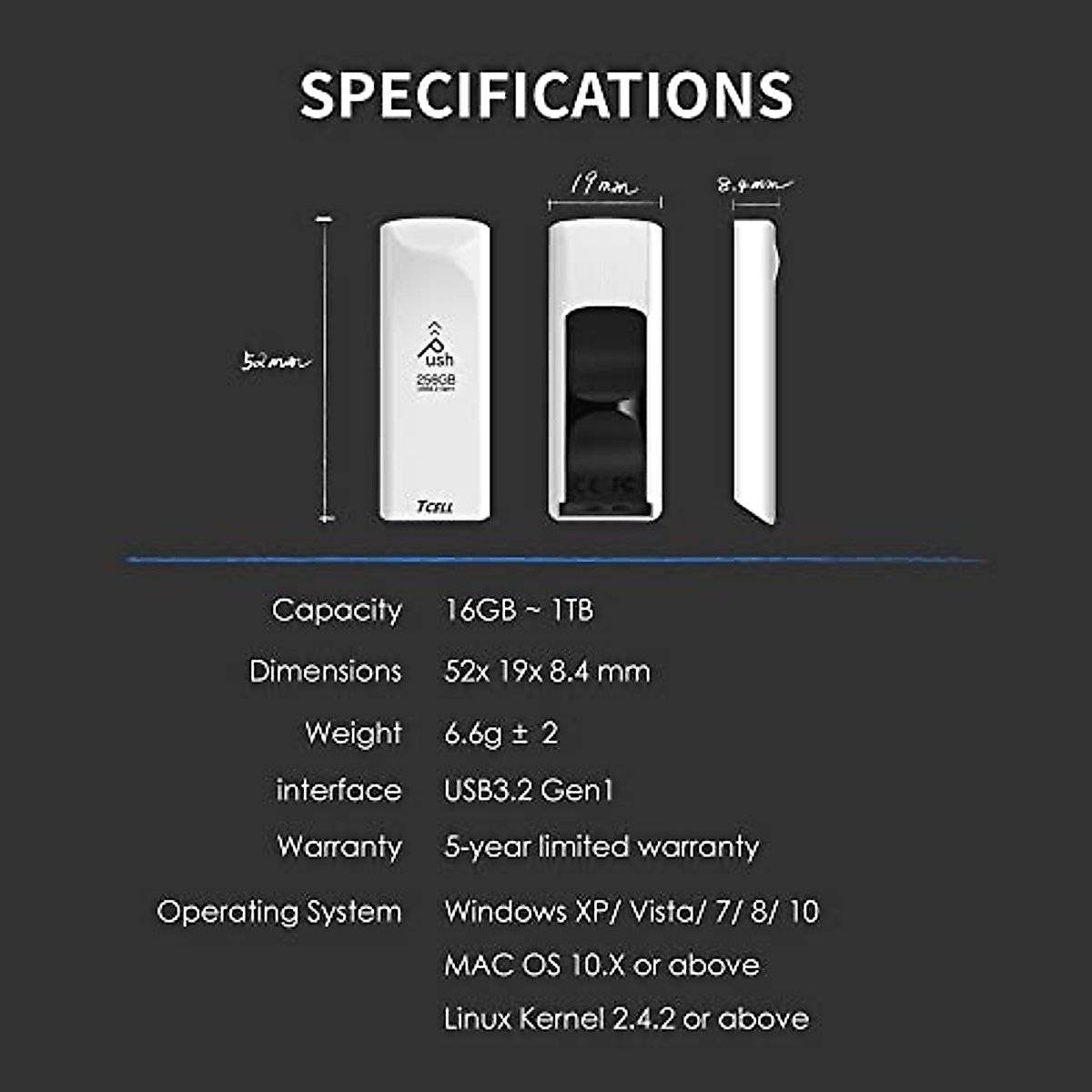 TCELL Push 128GB USB 3.2 Gen1(3.1/3.0) USB Flash Drive Read Speed up to 100MB/s, Retractable Design Memory Stick Thumb Drive, White