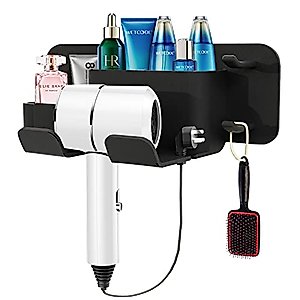 Hirolulu Self-Adhesive Hair Dryer Holder Drill-Free Removable Wall Mounted Multi-Func Blow Dryer Holder for Bathroom Salon, Hair Dryer Rack & Styling Care Tool Organizer Storage Basket, Morden Black