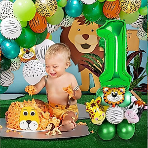 Toddler Jungle Theme Balloon Arch Kit for 1 Year Old Baby Boy Girl, Green Happy Birthday Banner Balloons Garland, Safari Shower Party Supplies Decorations - 64pcs
