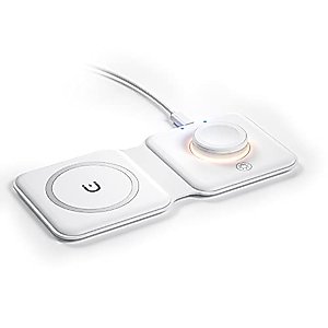 2 in 1 Magnetic Wireless Charger Foldable, ESSAGER Magnetic Wireless Charging Station, Wireless Charging Pad, Compatible with iPhone 14/13/12, Airpods 3/2/Pro, iWatch (Dual Pad for Phone&iWatch)