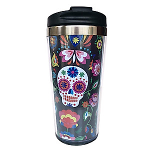 NVJUI JUFOPL Sugar Cute Skull Travel Coffee Mug for Men's Women's, With Flip Lid, Stainless Steel, Water Bottle Cup 15 oz