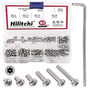 Hilitchi 90Pcs 6Sizes M3 Button Head Torx Security Screws Stainless Steel Tamper Proof Screws w T10 Bit, M3x4/6/8/12/16/20