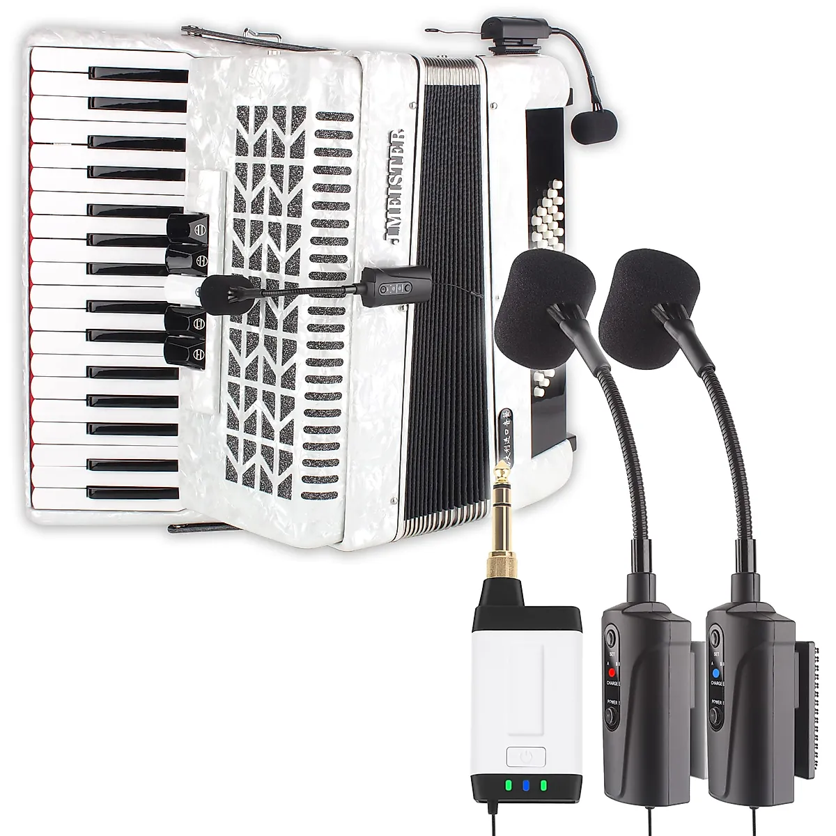 MAMKOES Accordion Wireless Microphone with 2 Transmitter Q2/AT-5A Piano Accordion Pickup with Gooseneck Mic Wireless Receiver & 2 Transmitter Microphone System Designed for Accordion