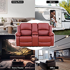Mlxgoie 73" Leather Loveseat Sofa Manual Double Recliner Chair with Cup Holders and Storage Space, 74.5x37x40 in, Red