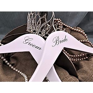 NAHANCO BG20117 Bridal Hanger Set, White Wood Hangers with Black Imprint (Bride and Groom), 17” (2 Piece Set)