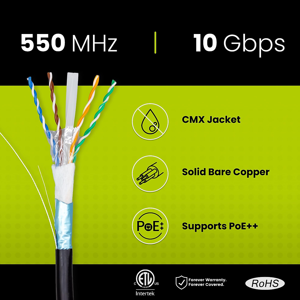 trueCABLE Cat6 Direct Burial, Shielded F/UTP, 1000ft, Waterproof, Outdoor Rated CMX, Black, 23AWG Solid Bare Copper, 550MHz, PoE++ (4PPoE), ETL Listed, Bulk Ethernet Cable