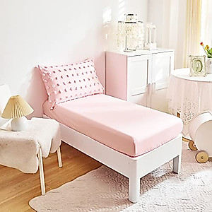 4 Pieces Tufted Dots Toddler Bedding Set Solid Pink Jacquard Pom Pom Tufts, Soft and Embroidery Shabby Chic Boho Design for Baby Girls, Includes Comforter, Flat Sheet, Fitted Sheet and Pillowcase