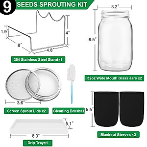 Sprouting Jar Kit, 32 OZ 2 Large Wide Mouth Mason Jars with Sprout Lids, Premium Canning Lids, Blackout Sleeves, Tray,Stand & Canning Brush - Sprouting Kit for Growing Broccoli, Mung Bean, Alfalfa