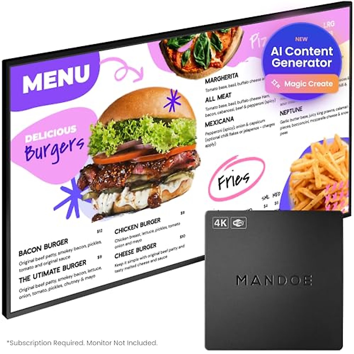 Mandoe Essentials Digital Signage Displays - Digital Signage Player for Digital Menu Board, Electronic Menu Board and Digital Message Board. World-Class Templates & Easy To Use Setup