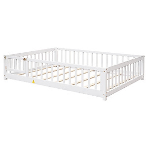 UOCFYK Full Size Floor Bed with Fence and Door for Kids Bedroom,Montessori Wood Floor Bedframe for Boys, Girls,Easy to Assemble,No Box Spring Needed,White