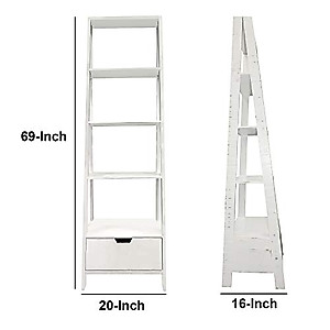 The Urban Port 4-Shelf Wooden Ladder Bookcase with Bottom Drawer, Distressed White