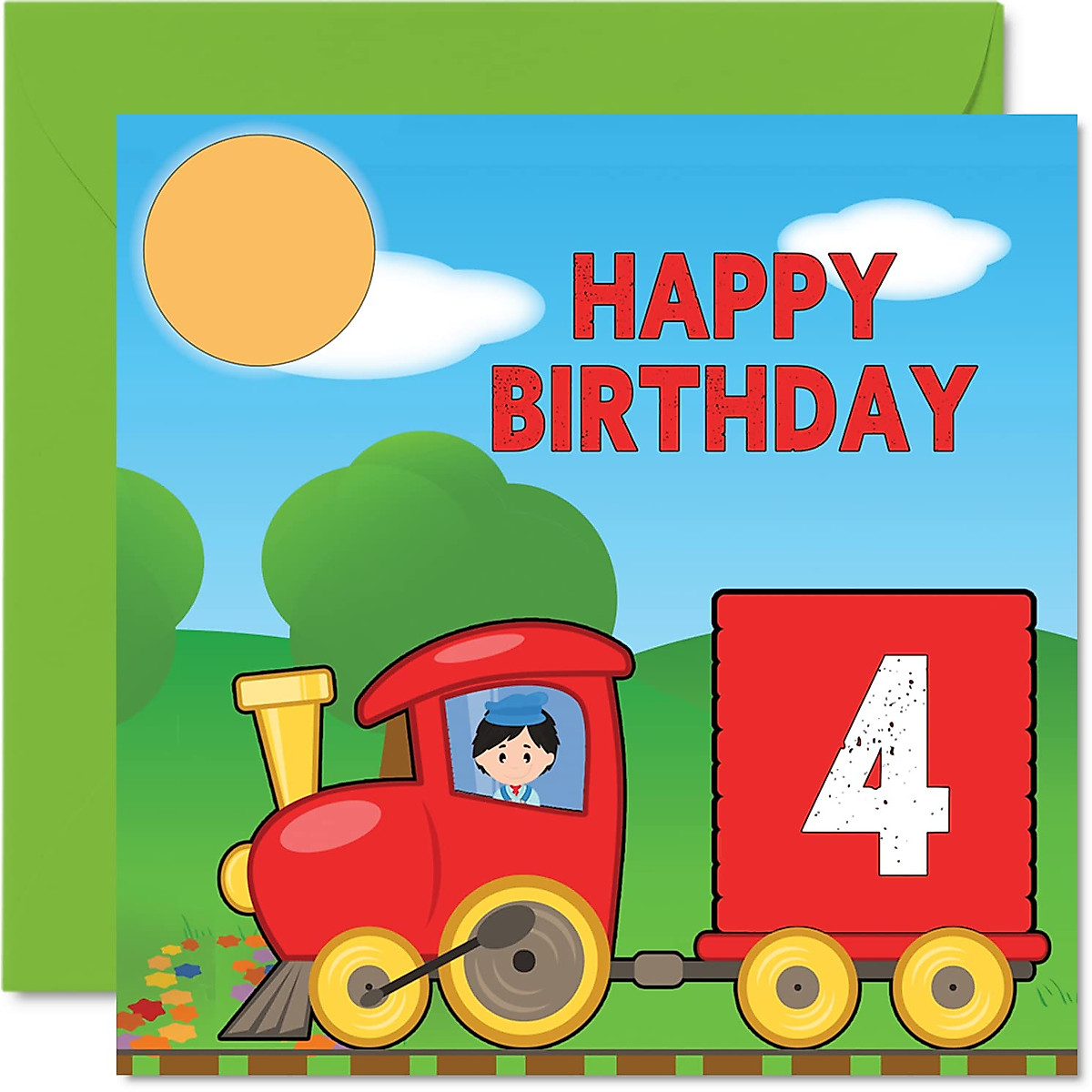 4th Birthday Card Unisex - Train - Happy Birthday Card for 4 Year Old Son Daughter Brother Sister Grandson Granddaughter Niece Nephew Cousin, 5.7 x 5.7 Inch Birthday Greeting Card