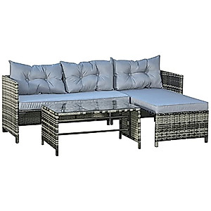 Outsunny 3 Piece Patio Furniture Set, Rattan Outdoor Sofa Set with Chaise Lounge & Loveseat, Soft Cushions, Tempered Glass Table, L-Shaped Sectional Couch, Light Gray