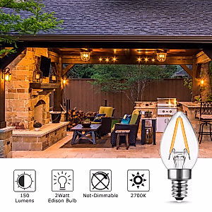 DORESshop C7 Mini Candelabra LED Bulb, LED Filament Night Bulb, Christmas Light Bulbs, 2W (20W Equivalent), E12 Candelabra Base, No Dimmable, Perfect for Holiday, Christmas, Home Decorative, 4Pack