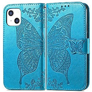 Designed for iPhone 13 Case Wallet for Women,Flip Folio Cover with Butterfly Embossed PU Leather Kickstand Credit Card Holder Slots Magnetic Wrist Strap Protective Phone Case for iPhone 13 (Blue)